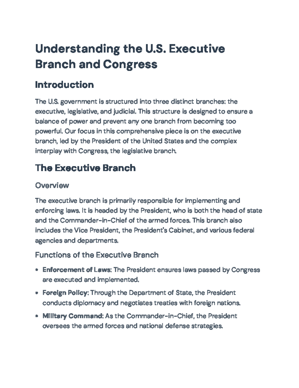 Understanding the U.S. Executive Branch and Its Relationship with ...