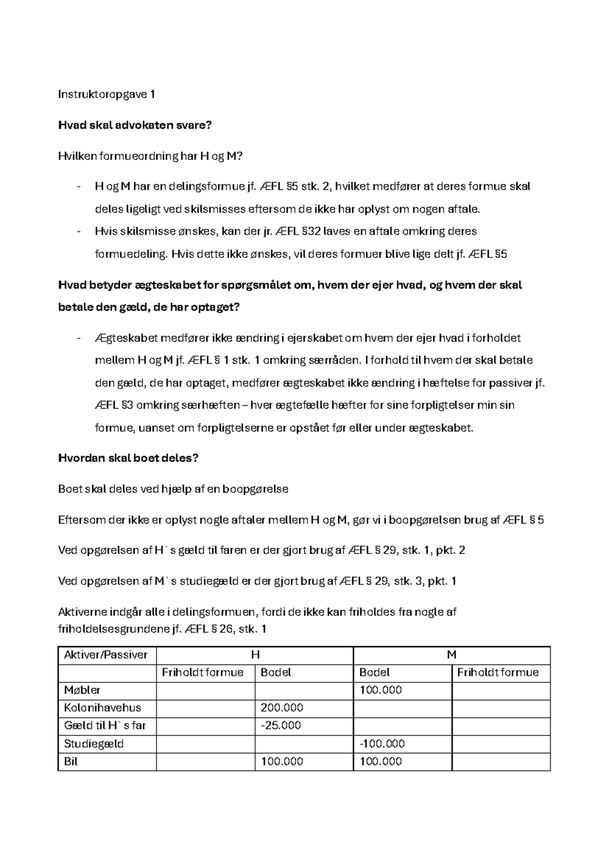Instruktoropgave 1: Formueordning og Deling ved Skilsmisse - Studocu