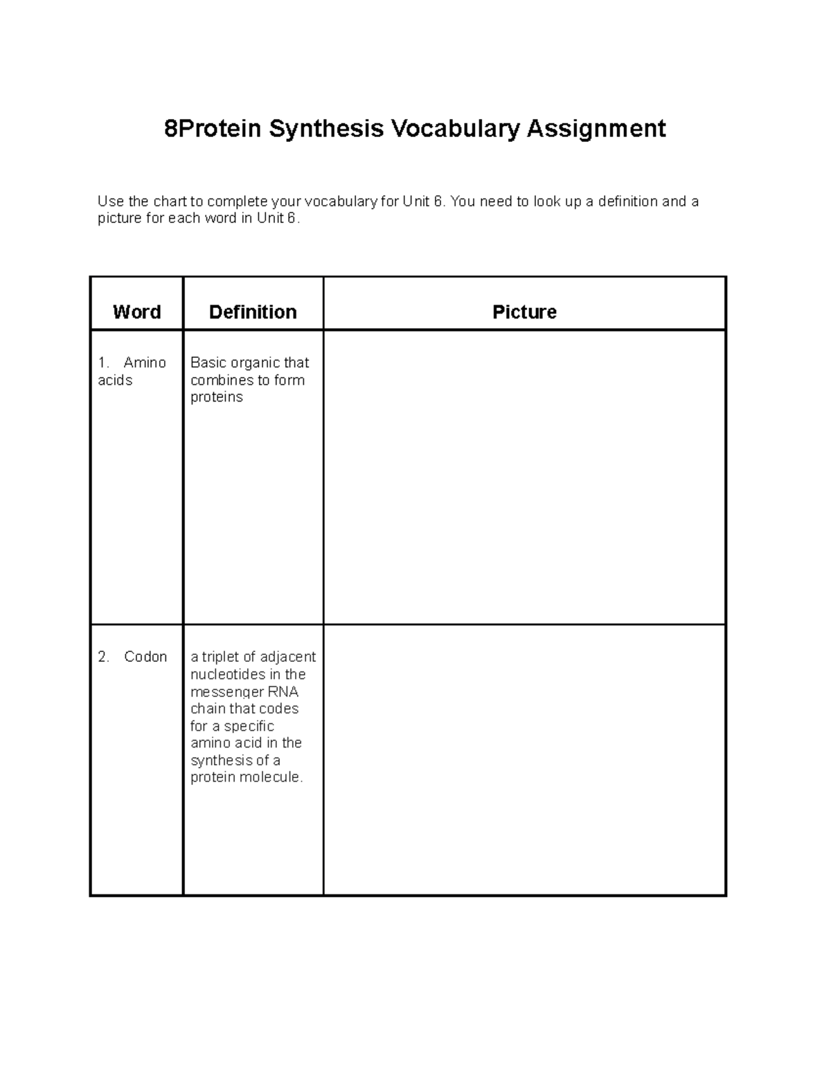 Bio - practice - 8Protein Synthesis Vocabulary Assignment Use the chart ...