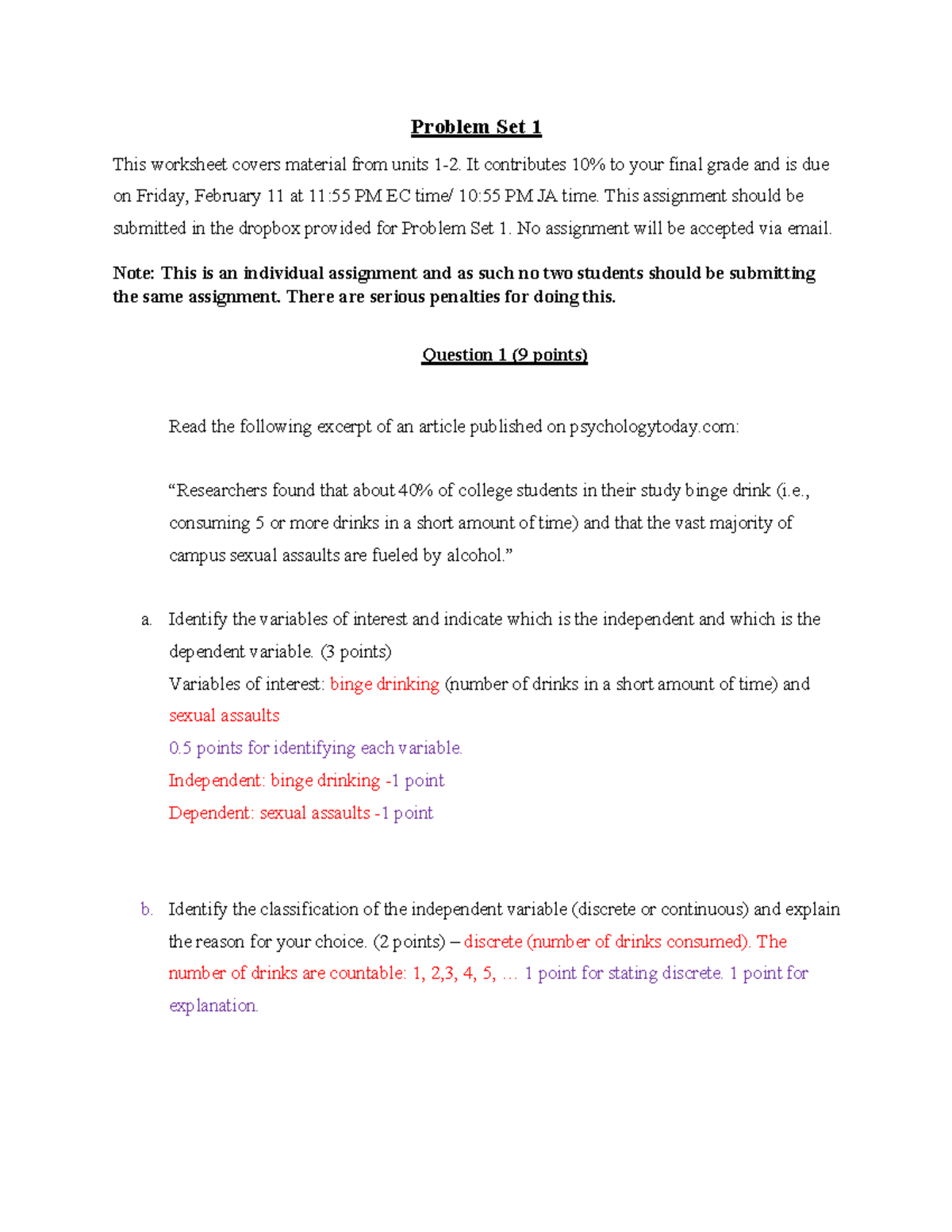 PSY101 Problem Set 1 Solution Guide: Variables, Statistics & Analysis ...