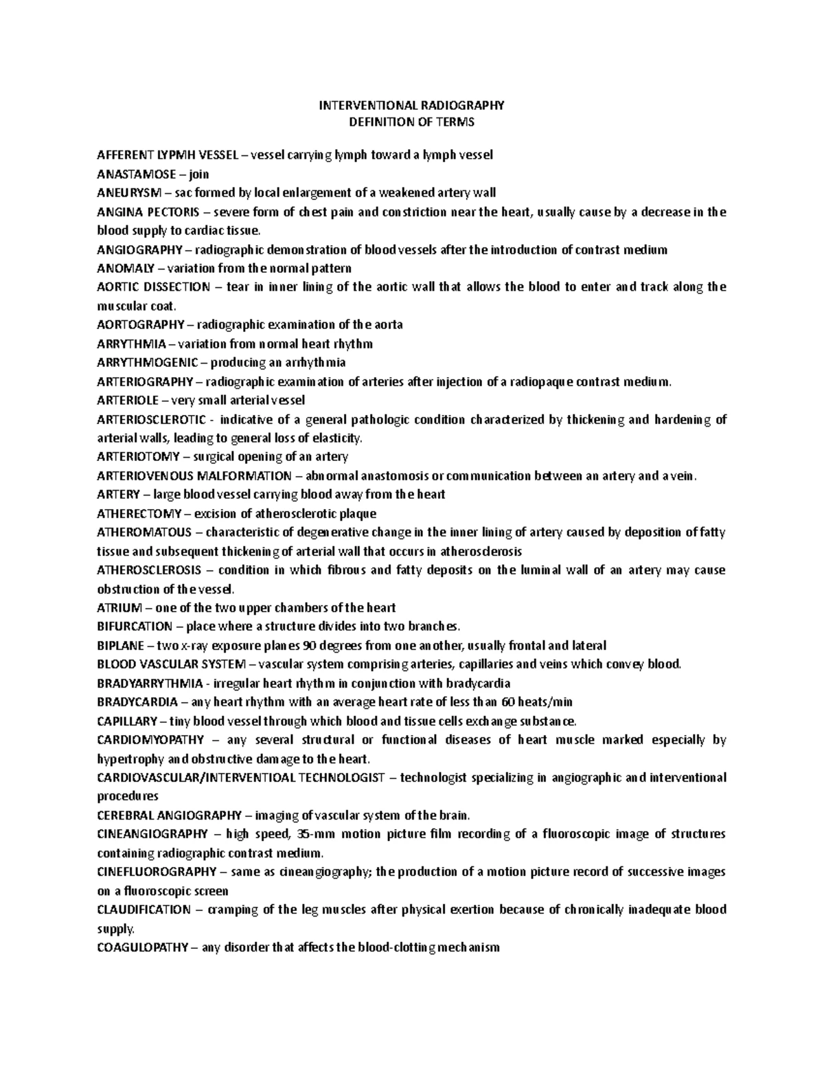 Interventional Radiography Terms Glossary - IR Reviewer Notes - Studocu
