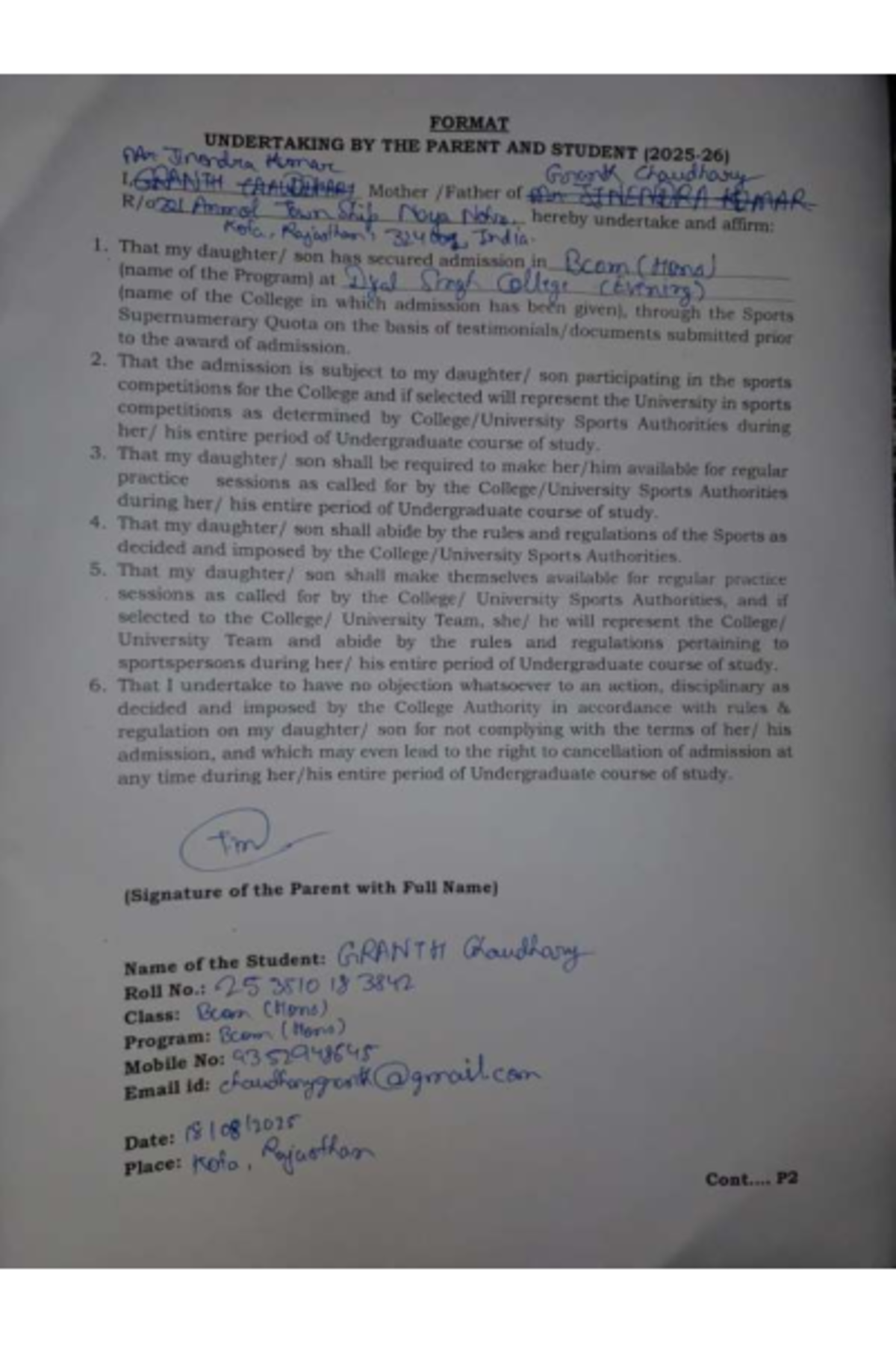 Bcom (Hons) Admission Undertaking - Granth Chaudhary - Studocu