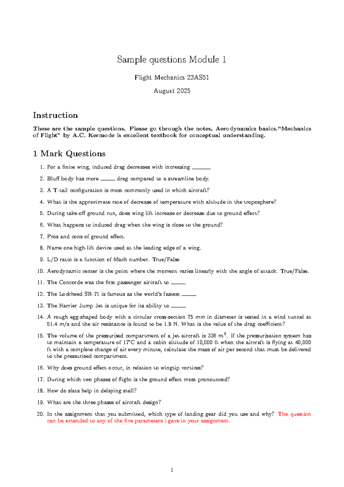 Sample Questions for Module 1: Flight Mechanics 23AS51 - Studocu
