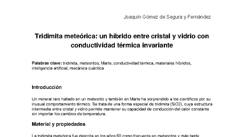 Tridimita Meteórica: Un Híbrido Térmico entre Cristal y Vidrio - Studocu