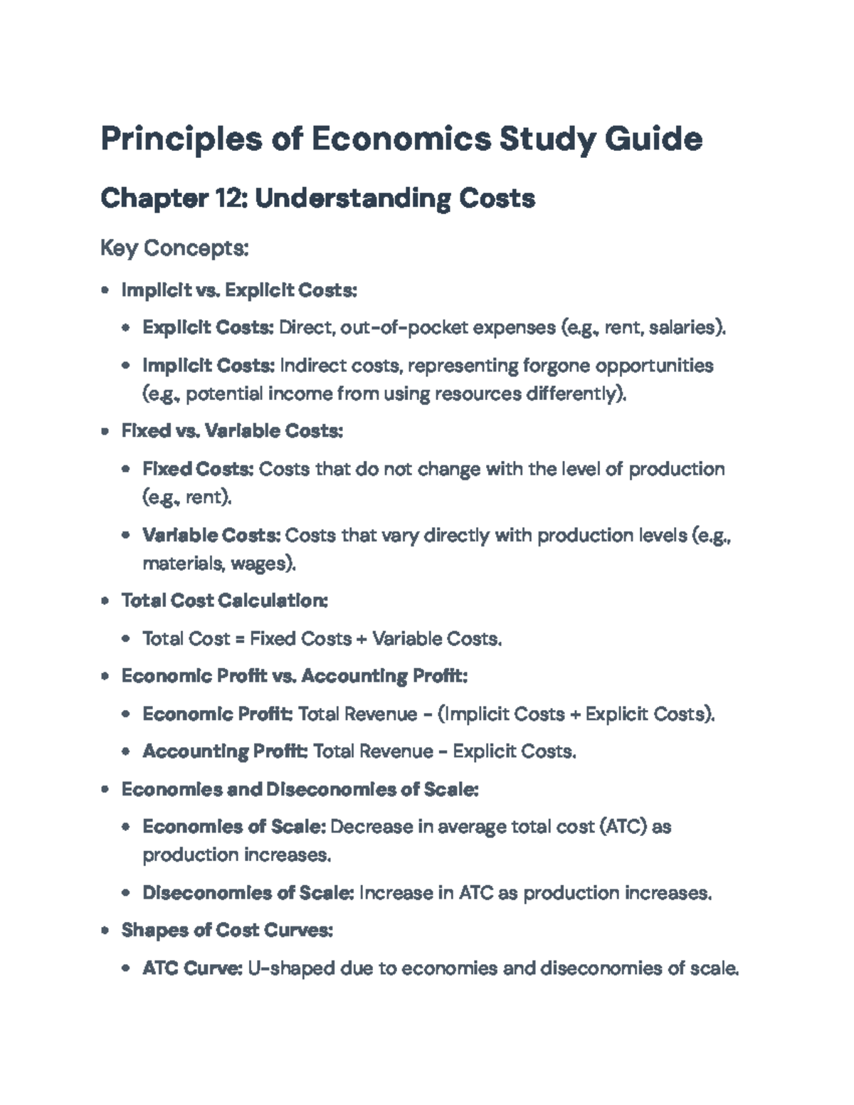 Principles of Economics Study Guide: Costs, Markets, and Growth ...