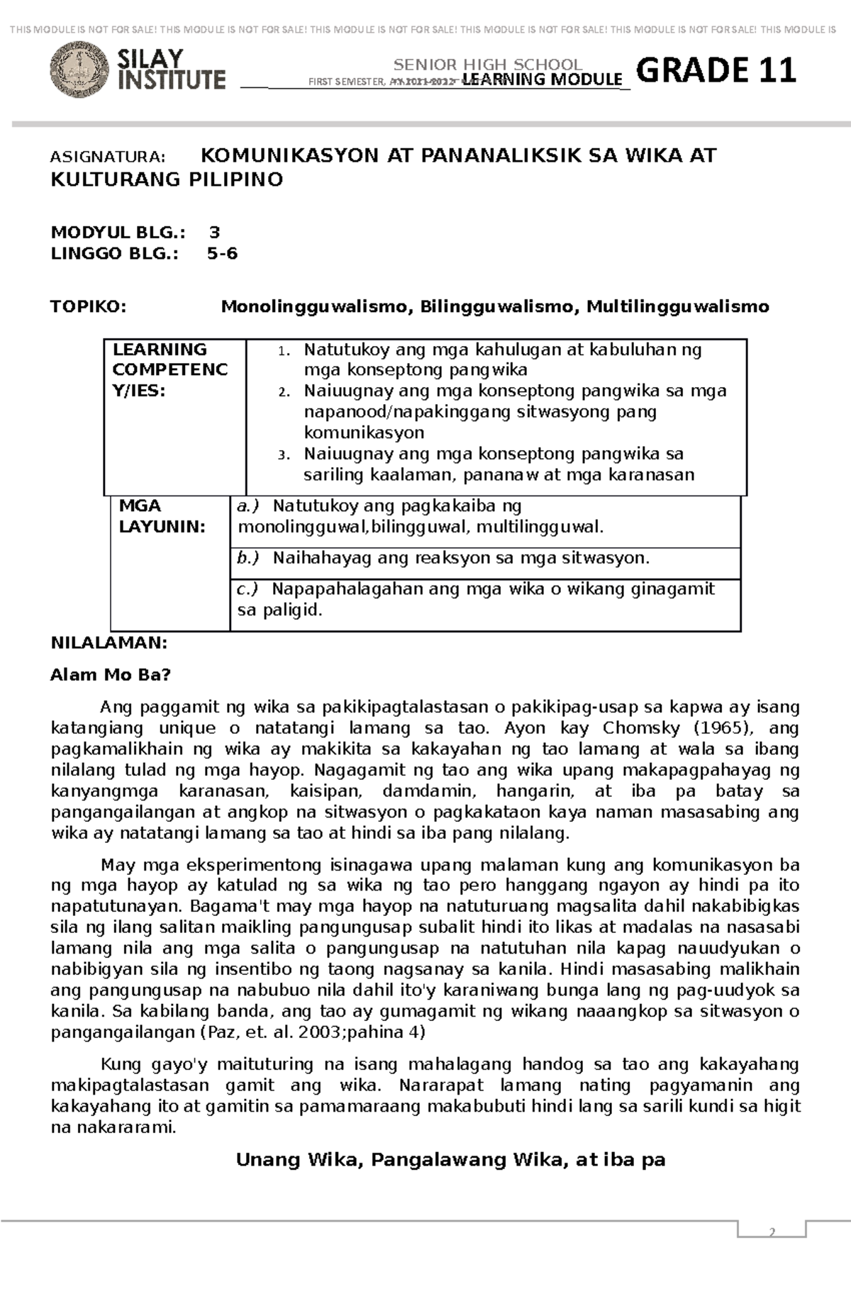 Modyul Blg. 3: Monolingguwalismo, Bilingguwalismo, at ...