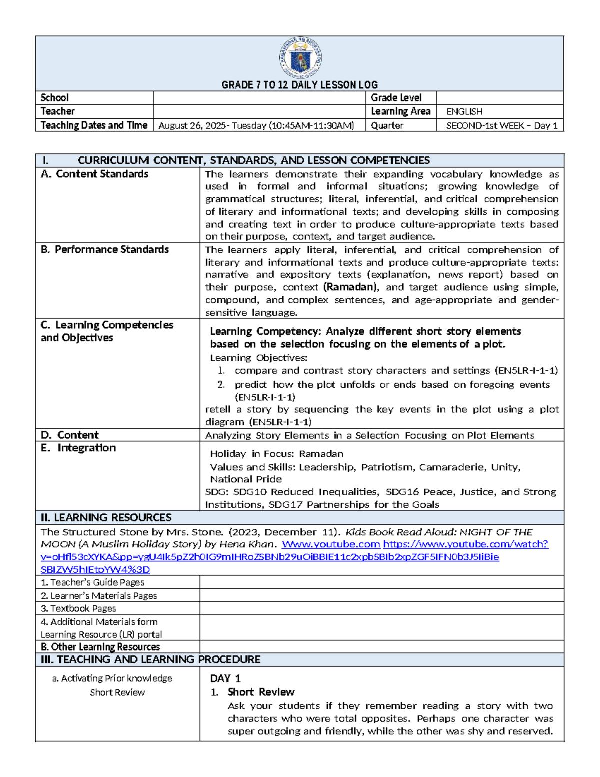 Grade 7-12 Daily Lesson Log: Analyzing Short Story Elements in English ...