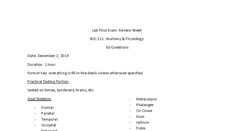 Lab Final Exam Review Sheet BIO 211: Anatomy & Physiology - Studocu