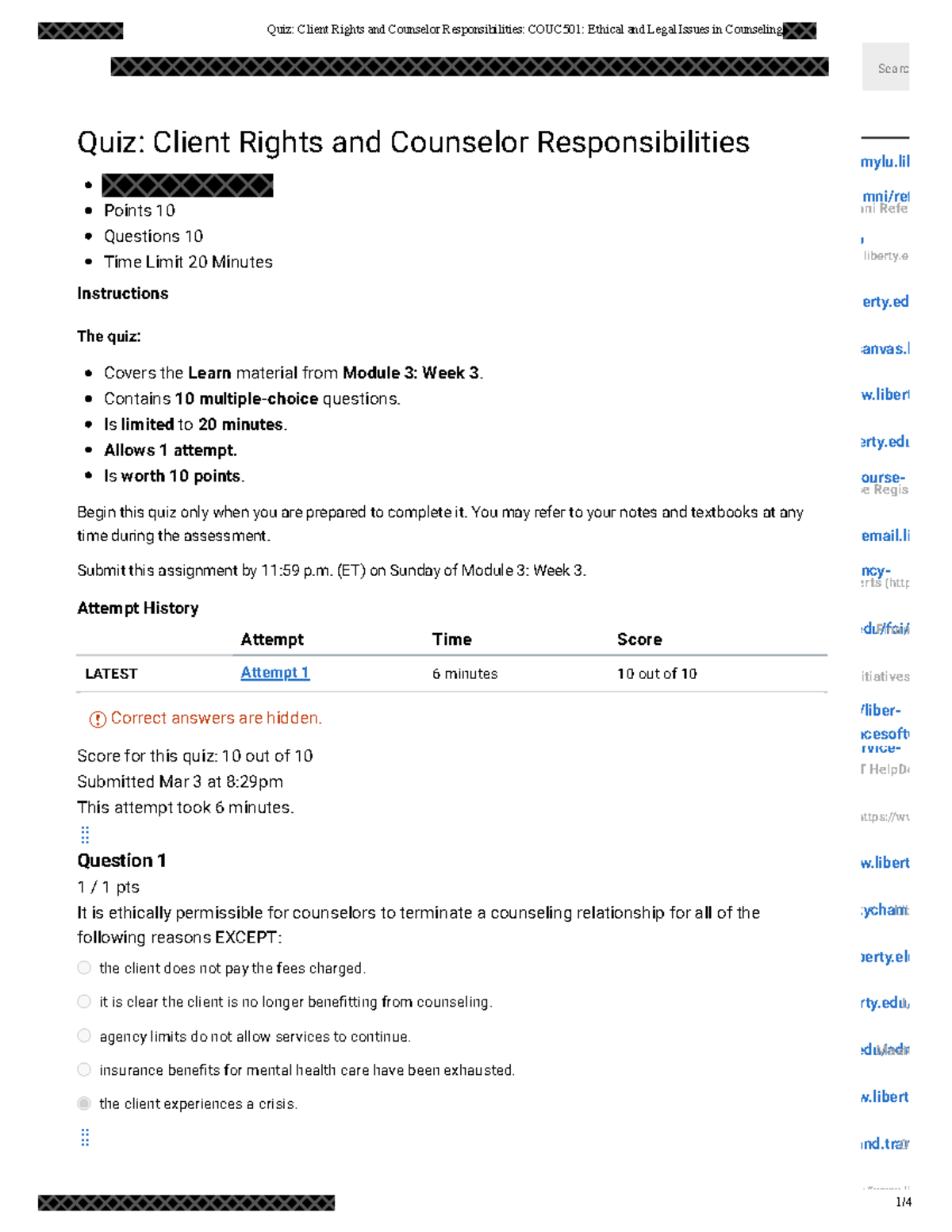 Quiz on Client Rights & Counselor Responsibilities COUC501 Ethics - Studocu