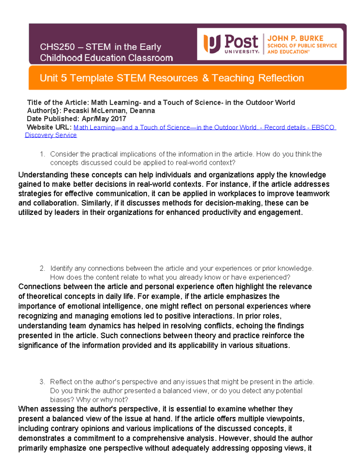 Unit 5 Reflection: Applying Math Concepts in Outdoor Contexts - Studocu