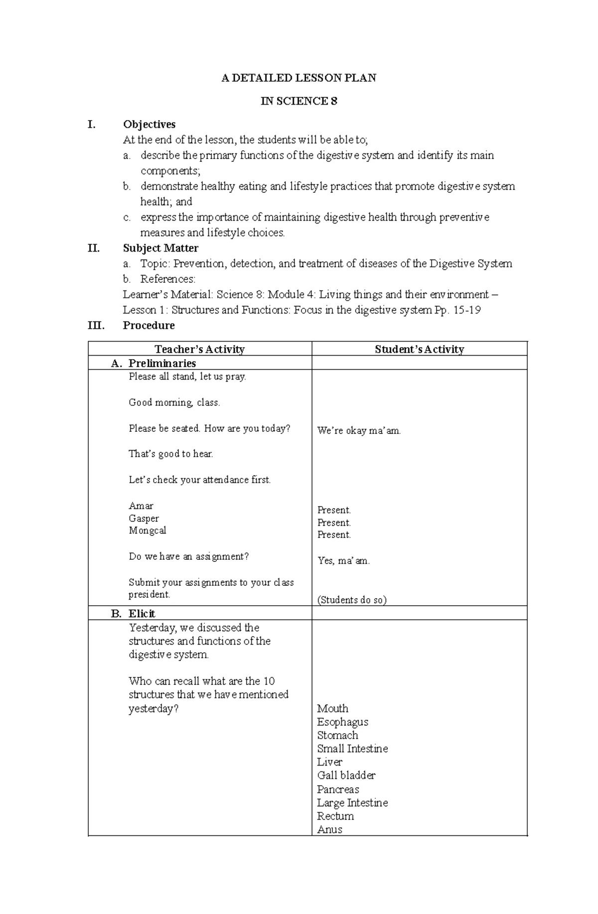 Grade 8 Science Lesson Plan: Digestive System Overview - Studocu