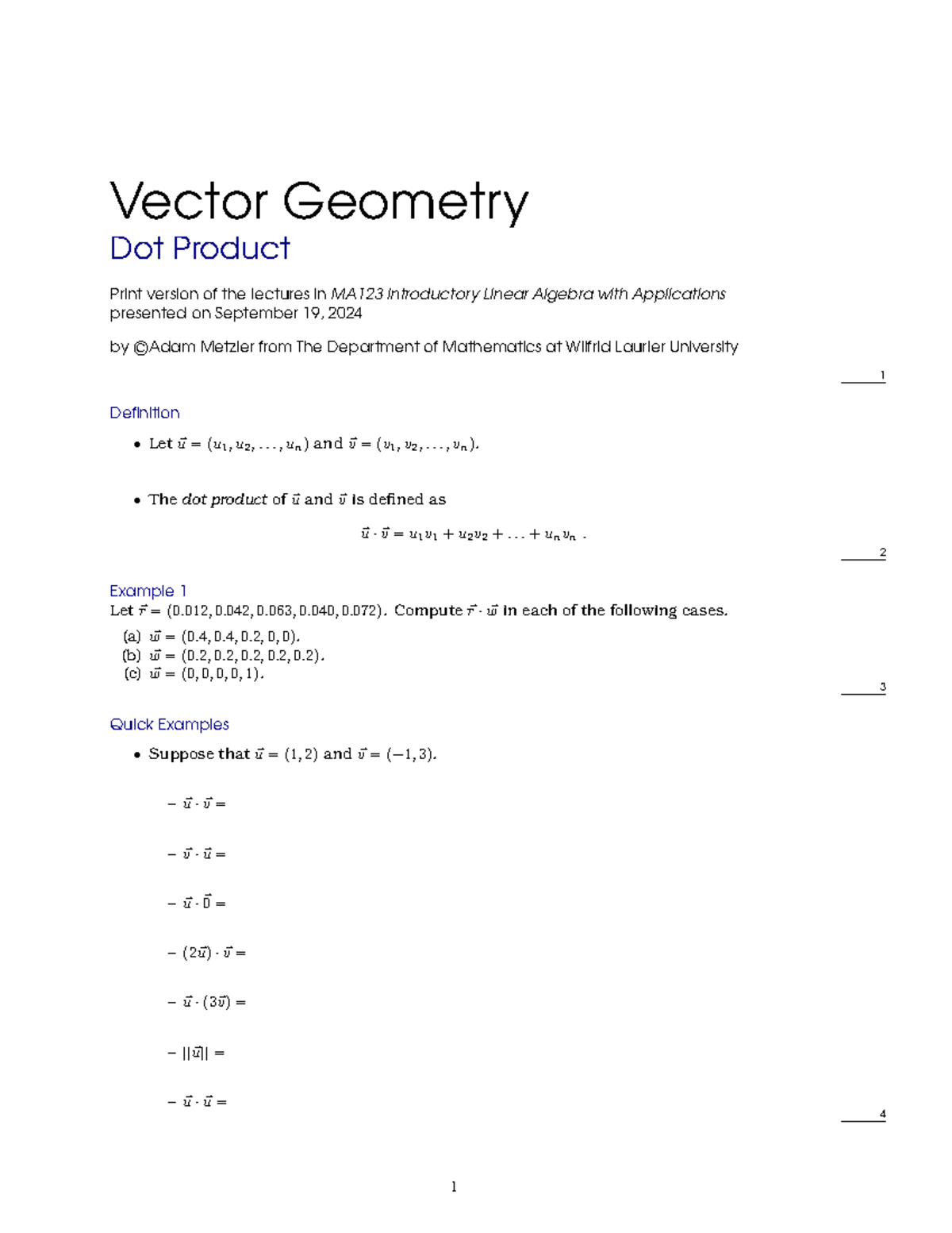 MA123 Lecture Notes on Vector Geometry: Dot Product - Studocu