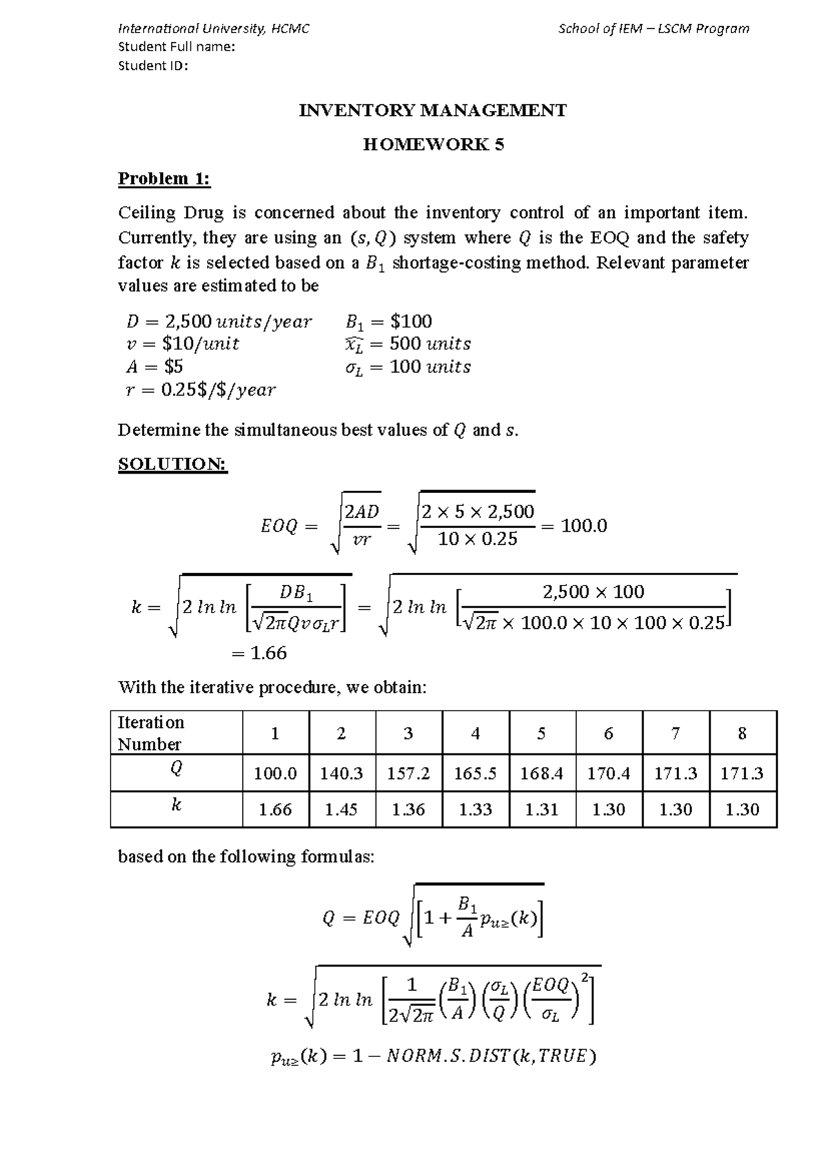 Inventory Homework 5 Solution Student Full Name Student Id