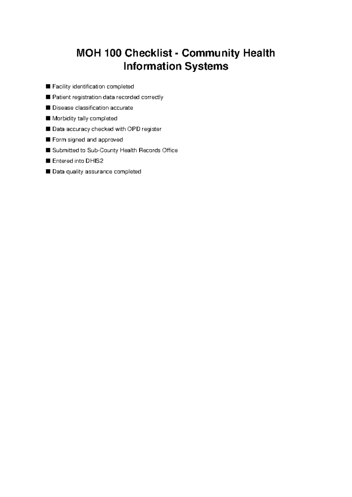 MOH 100 Checklist - Community health - Community health and development ...