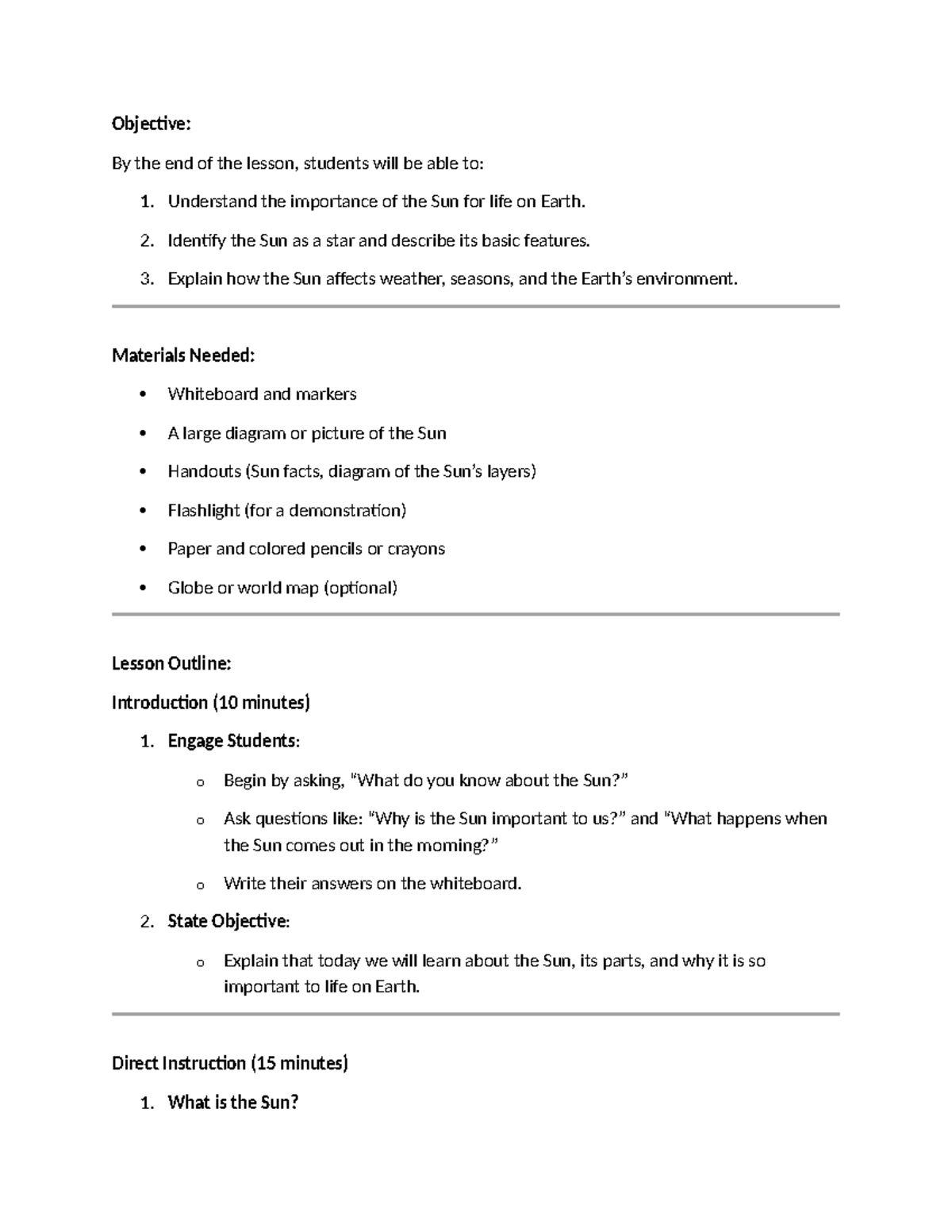 Lesson Plan Sun 2 - The Importance and Features of the Sun - Studocu