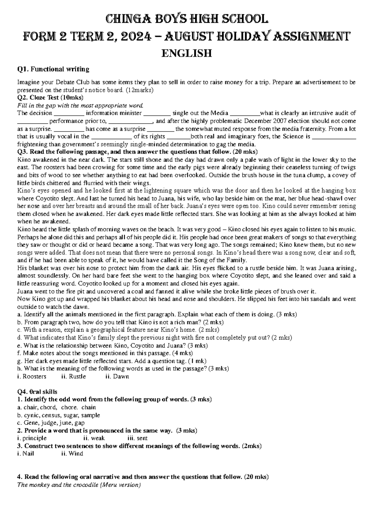 CBHS FORM TWO August 2024 Holiday Assignment - CHINGA BOYS HIGH SCHOOL ...