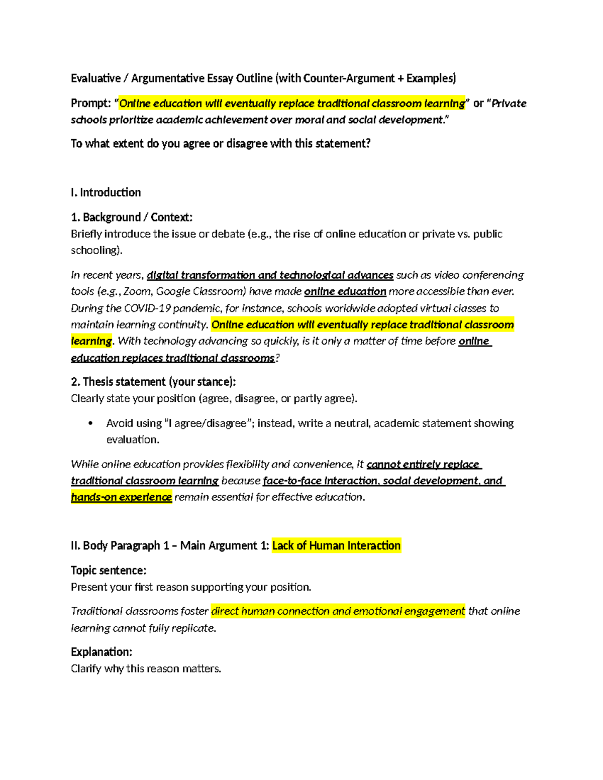 Argumentative Essay Outline: Education vs. Traditional Classrooms (ENG ...