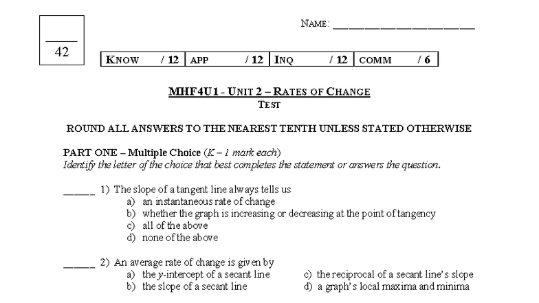MHF4U1 Unit 2 Rates of Change Test Practice Questions - Studocu