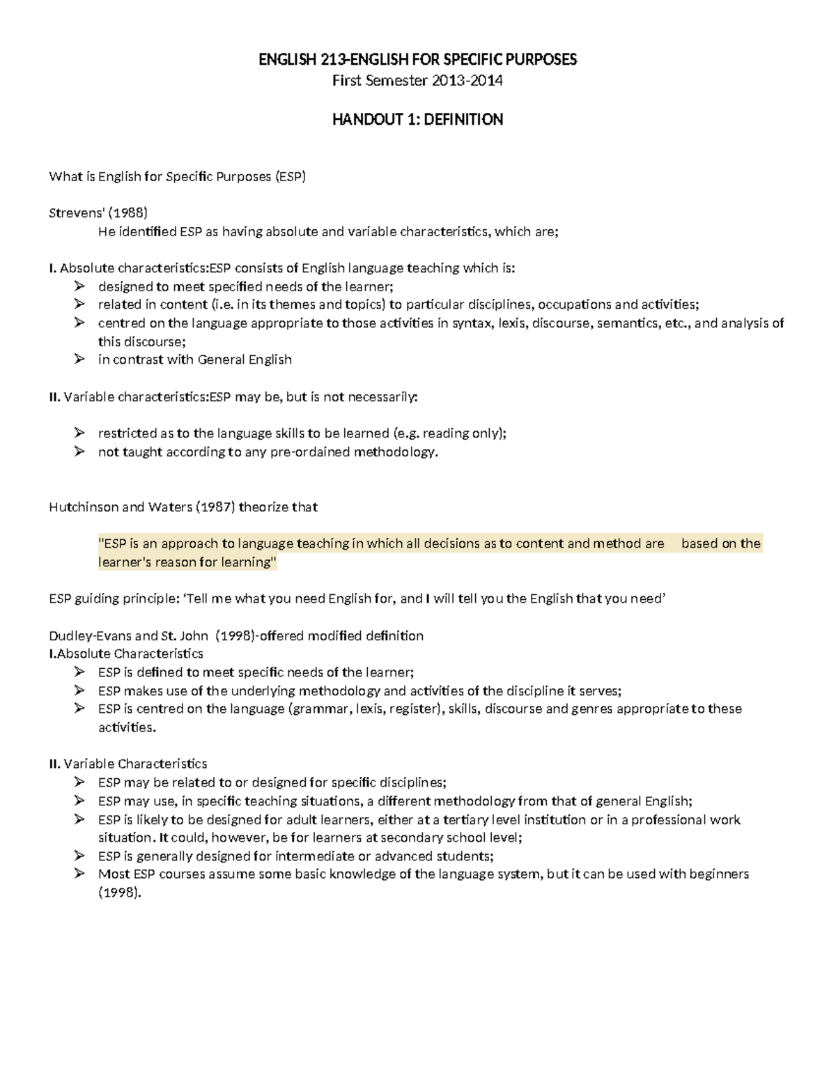 Handout 1 esp - ENGLISH 213-ENGLISH FOR SPECIFIC PURPOSES First ...