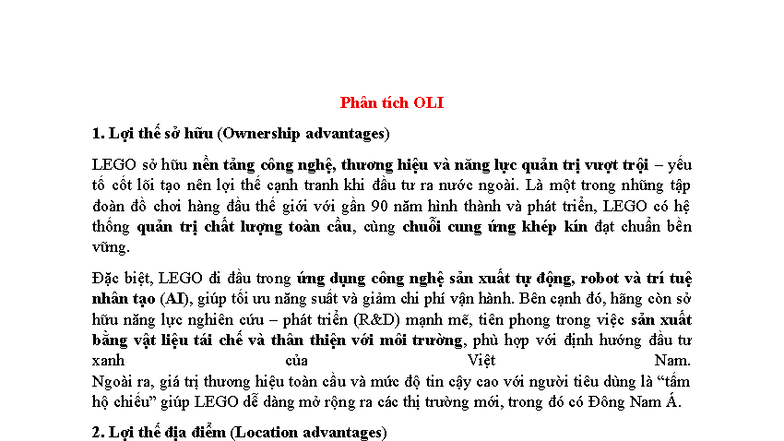 Phân tích OLI trong Đầu Tư Xanh của LEGO tại Việt Nam - Studocu