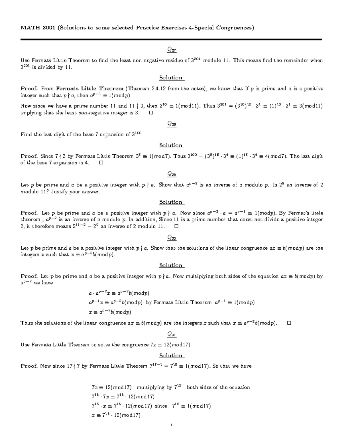 MATH 3001 Solutions Tutorial 5: Congruences Using Fermat's Theorem ...