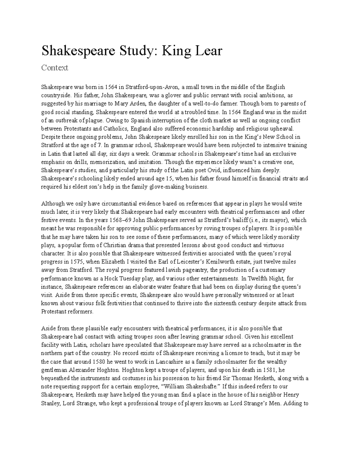 Shakespeare Study: King Lear Context - Year 11 Essay Excerpt - Studocu