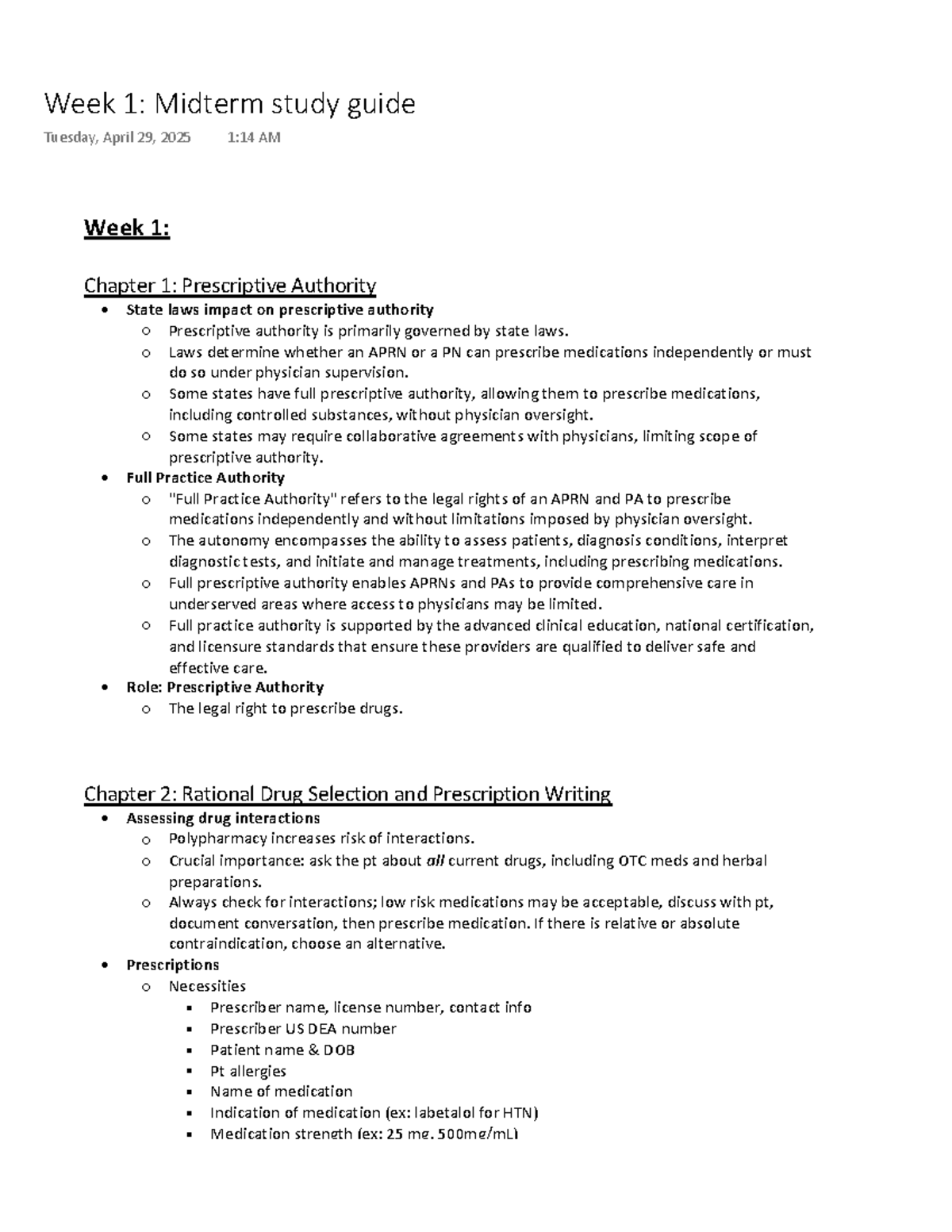 NR565 Week 1 Midterm Study Guide: Prescriptive Authority & Drug Therapy - Studocu