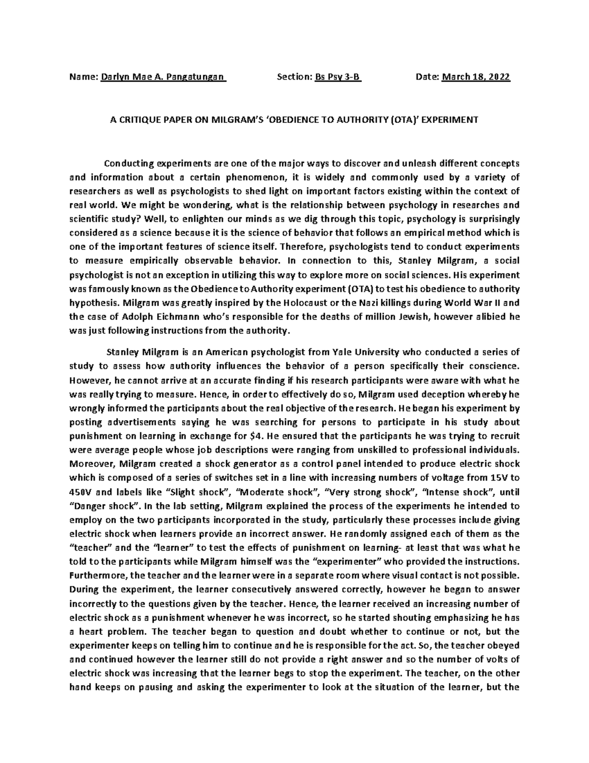 A Critique Paper on Milgram's Obedience to Authority (OTA) Experiment ...