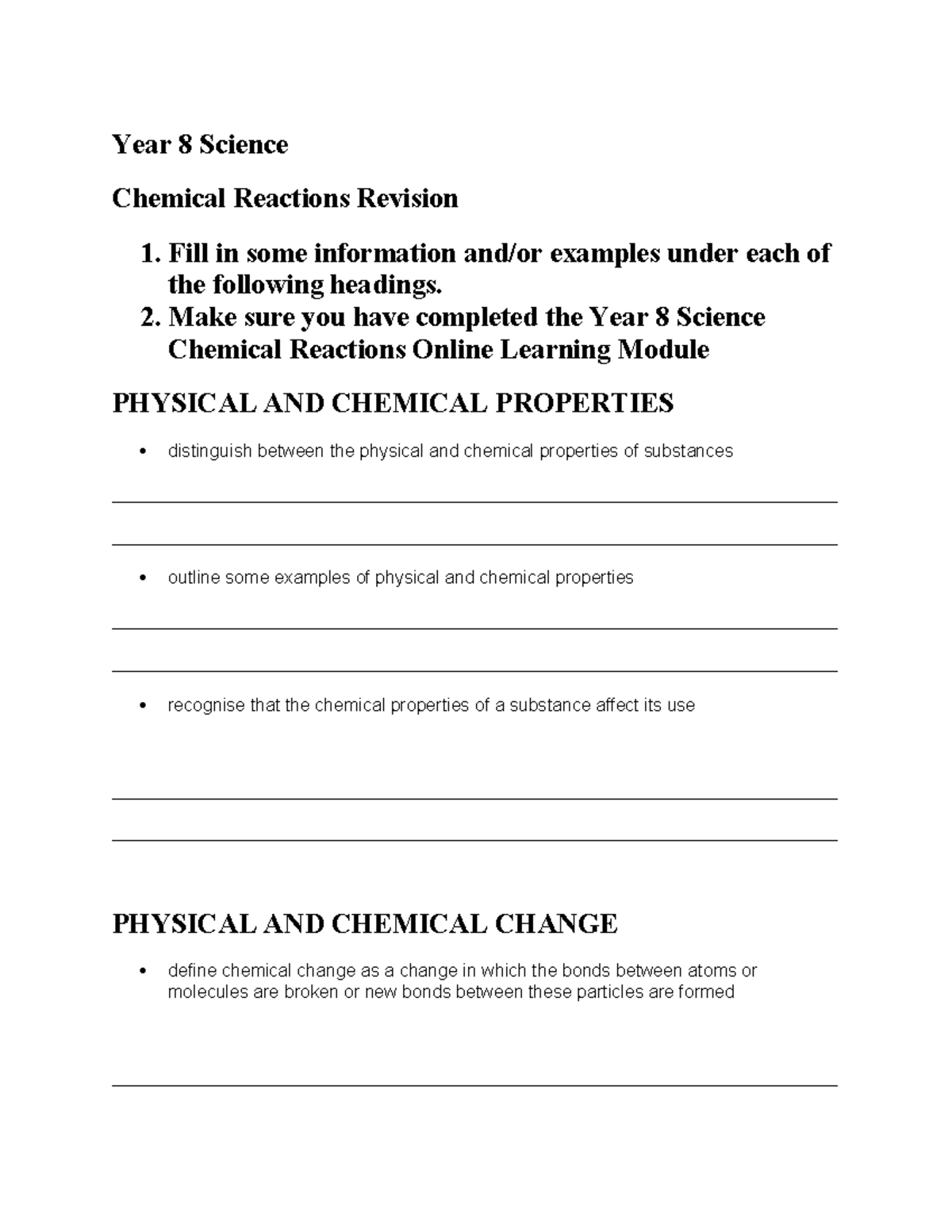 Year 8 Science Chemical Reactions Test Revision - Fill in some ...