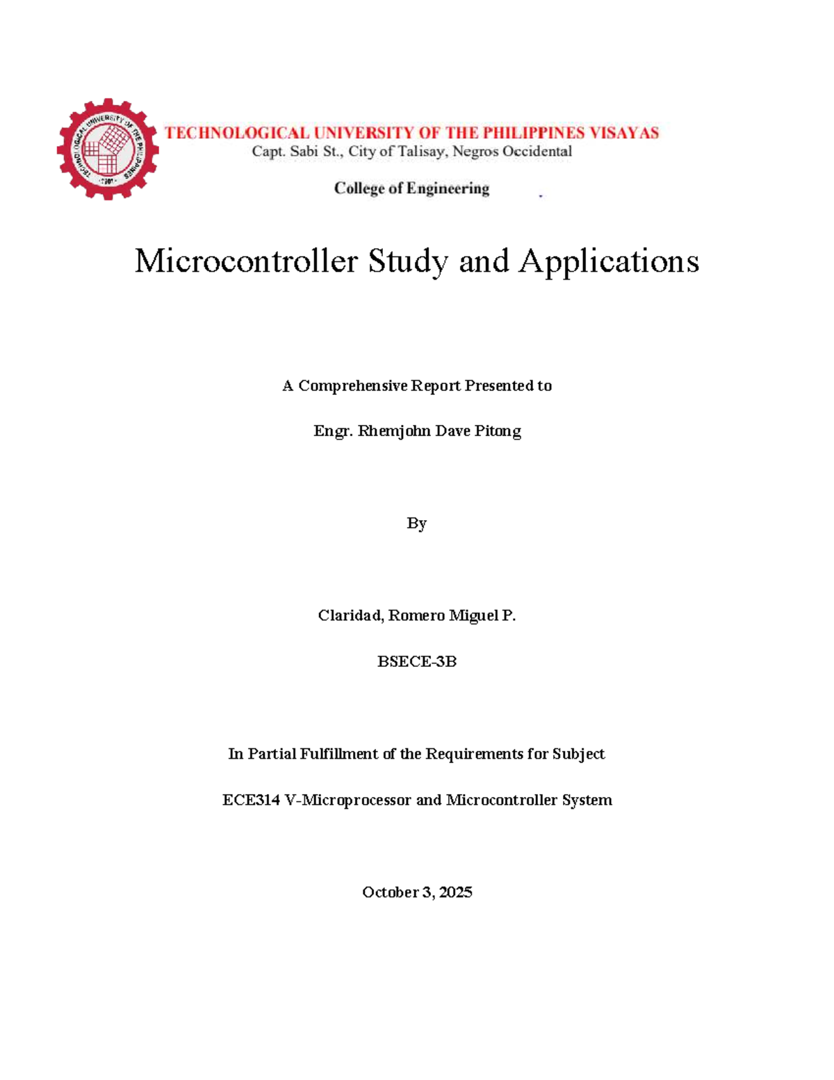 Microcontroller Applications and Overview for ECE314 Final Report - Studocu