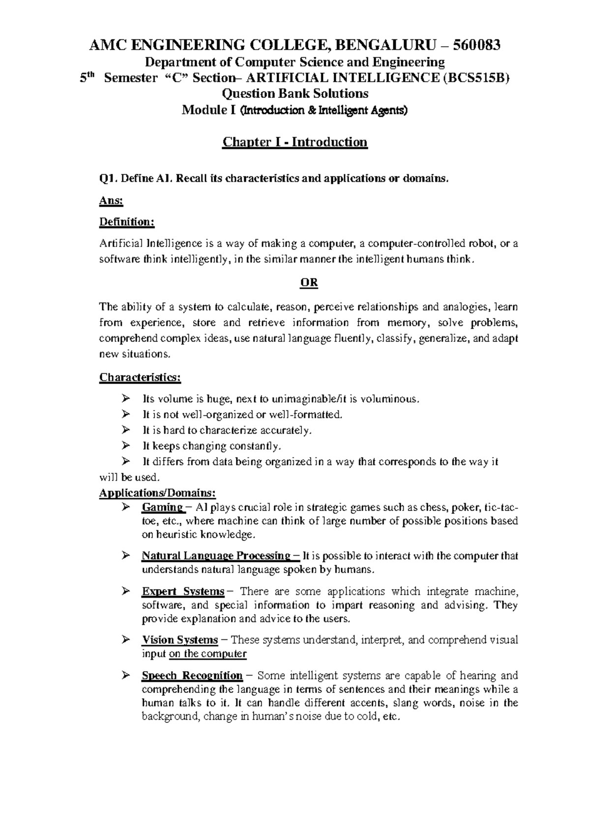 AI (BCS515B) - Module I Question Bank Solutions and Notes - Studocu