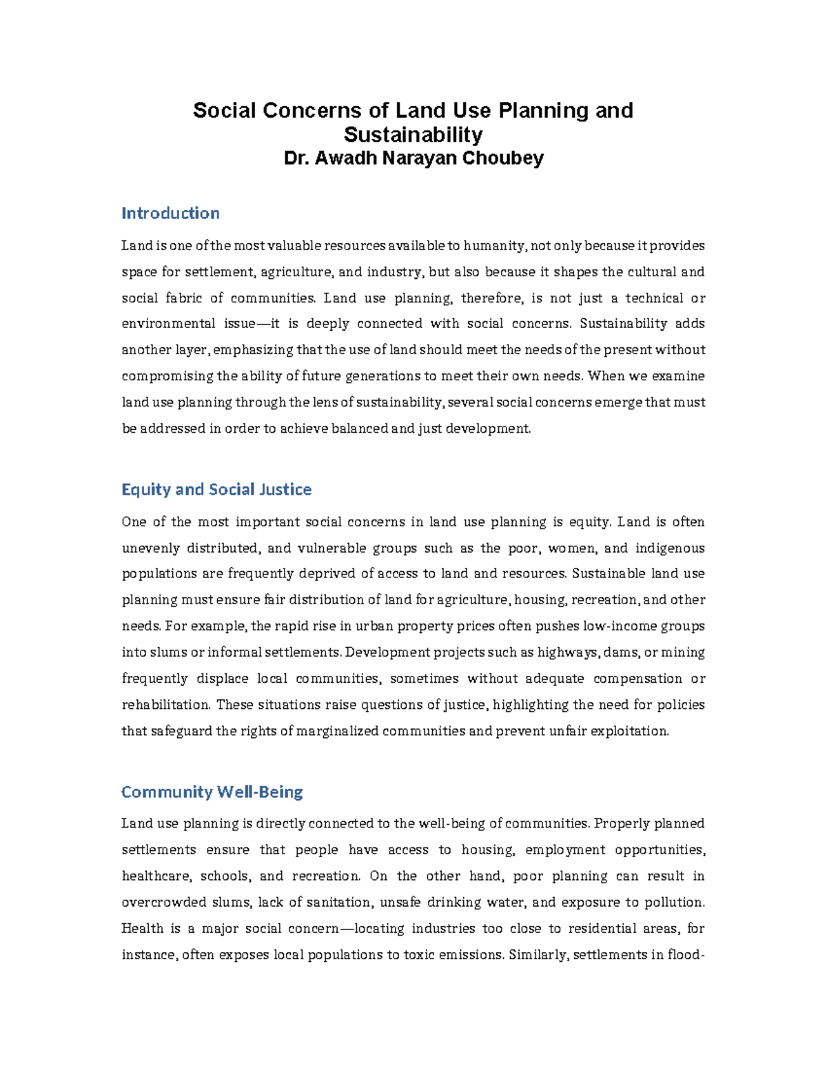 Social Concerns in Land Use Planning and Sustainability: An Overview ...
