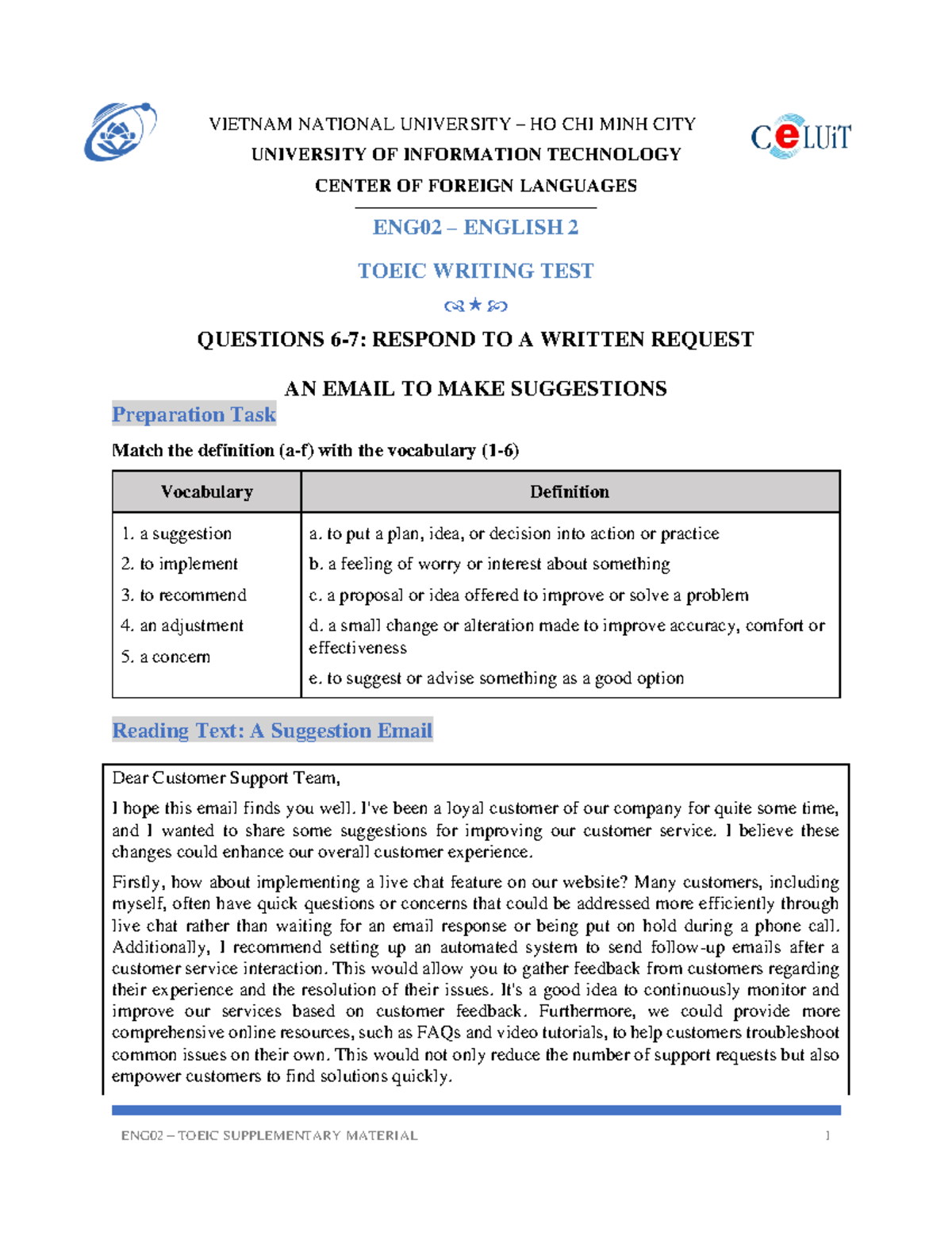 ENG02 TOEIC Writing Test: Email Suggestions & Vocabulary Guide - Studocu