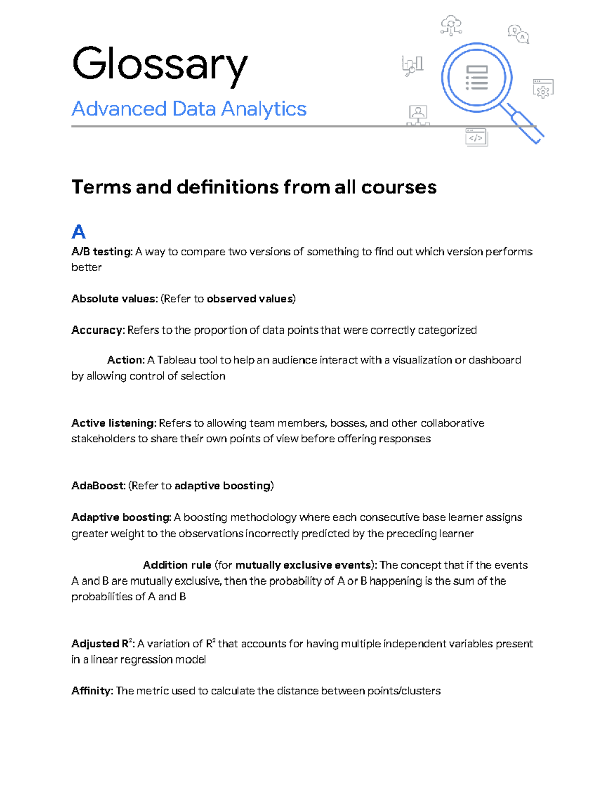 Advanced Data Analytics Glossary: Key Terms and Definitions - Studocu