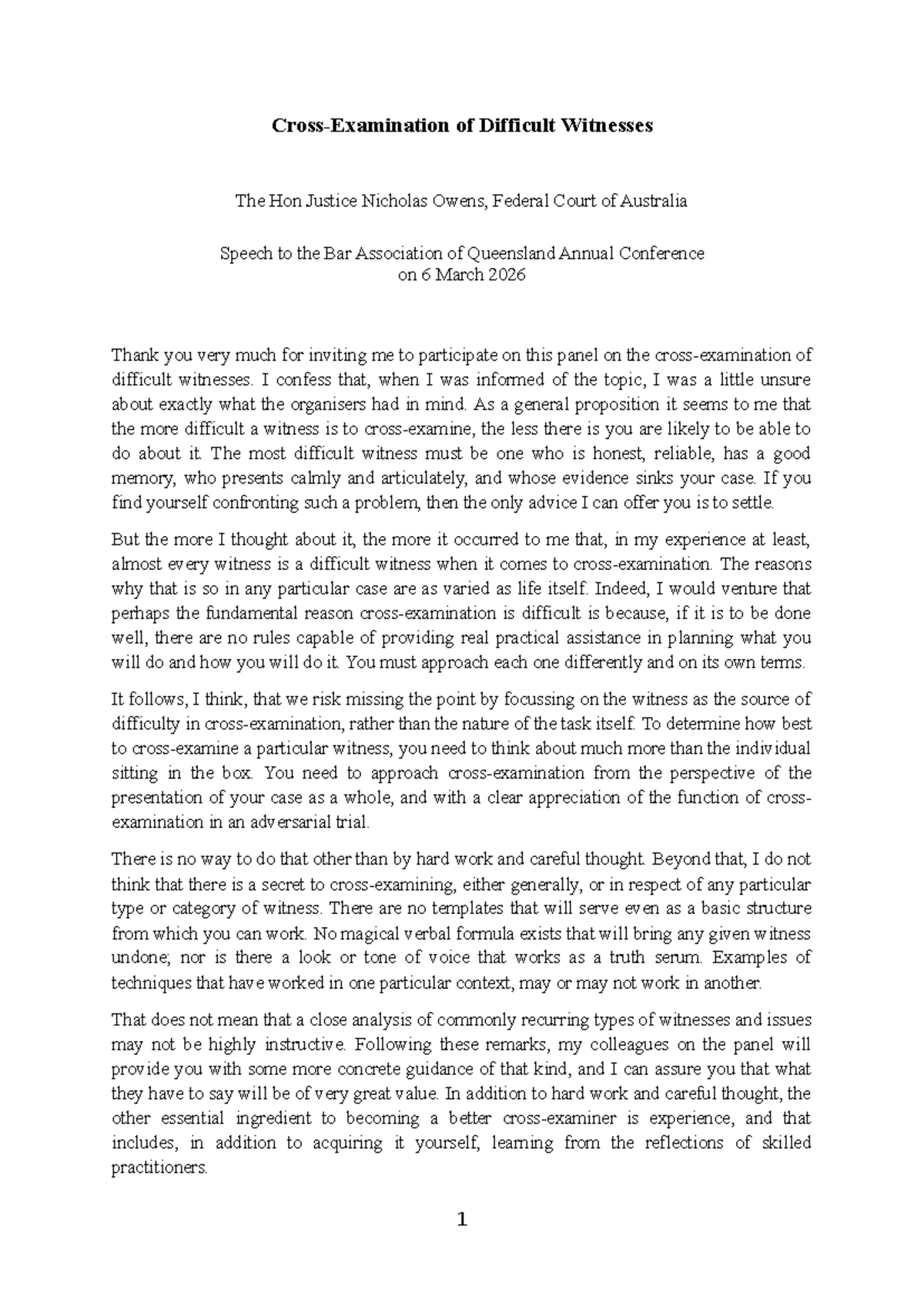 Owen-J-20260306: Insights on Cross-Examination of Difficult Witnesses ...