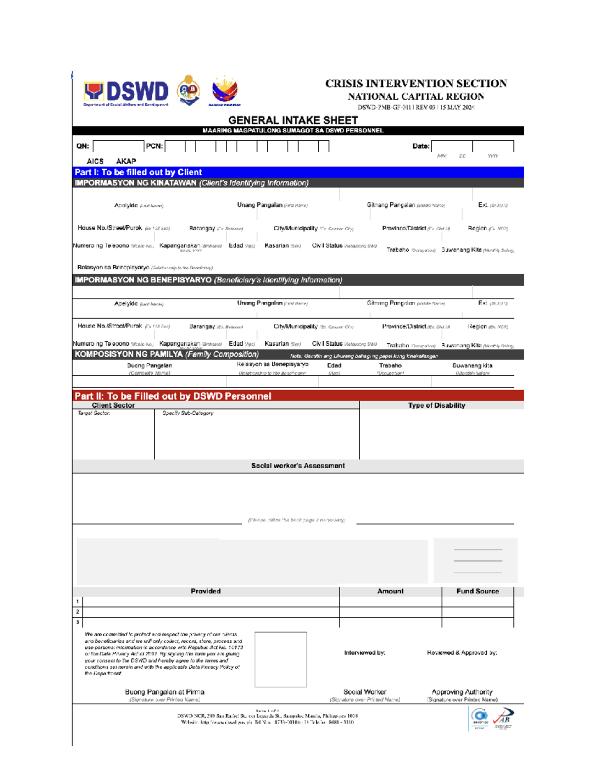 DSWD NCR General Intake Sheet for Crisis Intervention Services - Studocu