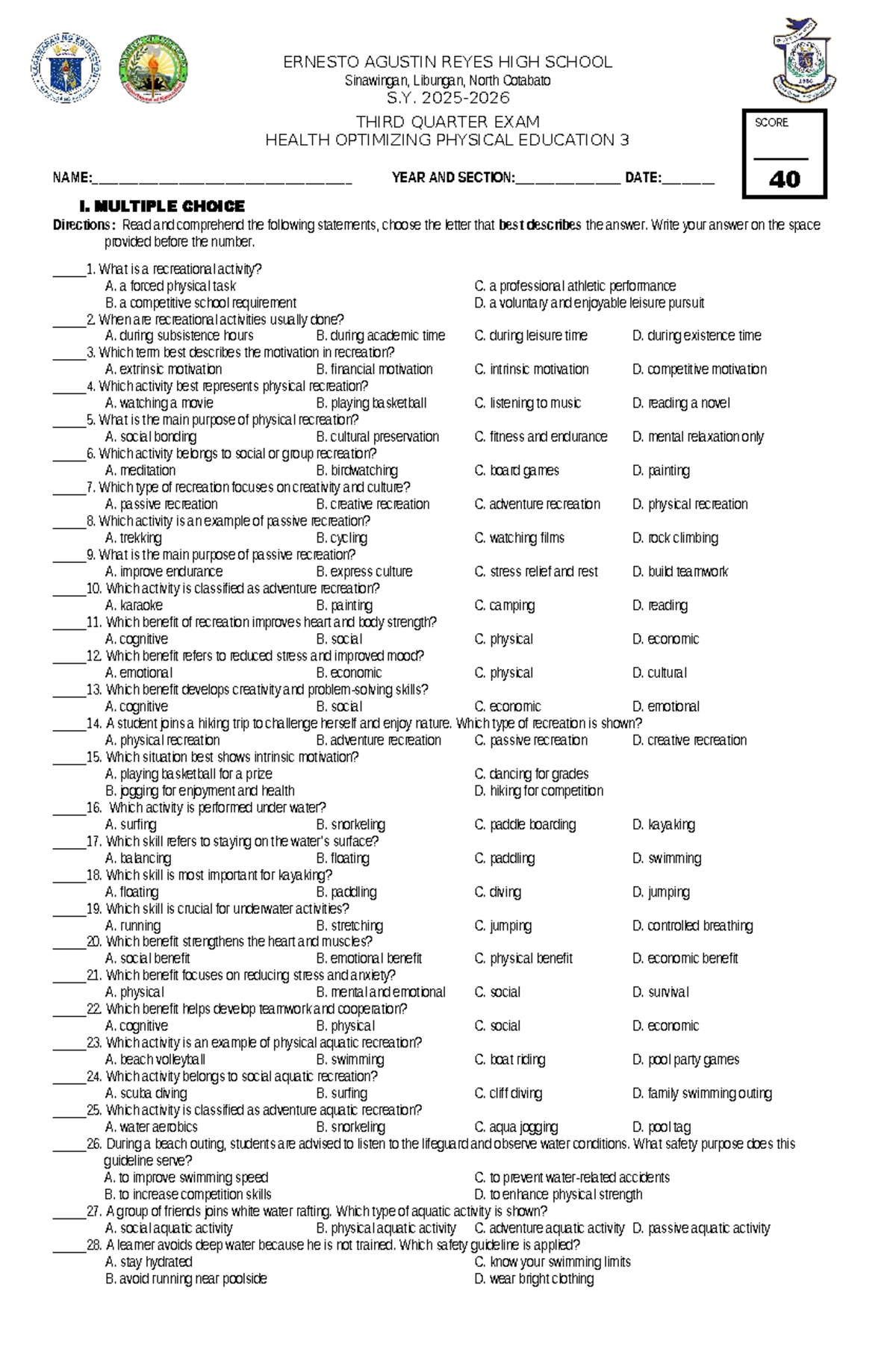Q3 EXAM: HEALTH OPTIMIZING PHYSICAL EDUCATION 3 - Studocu