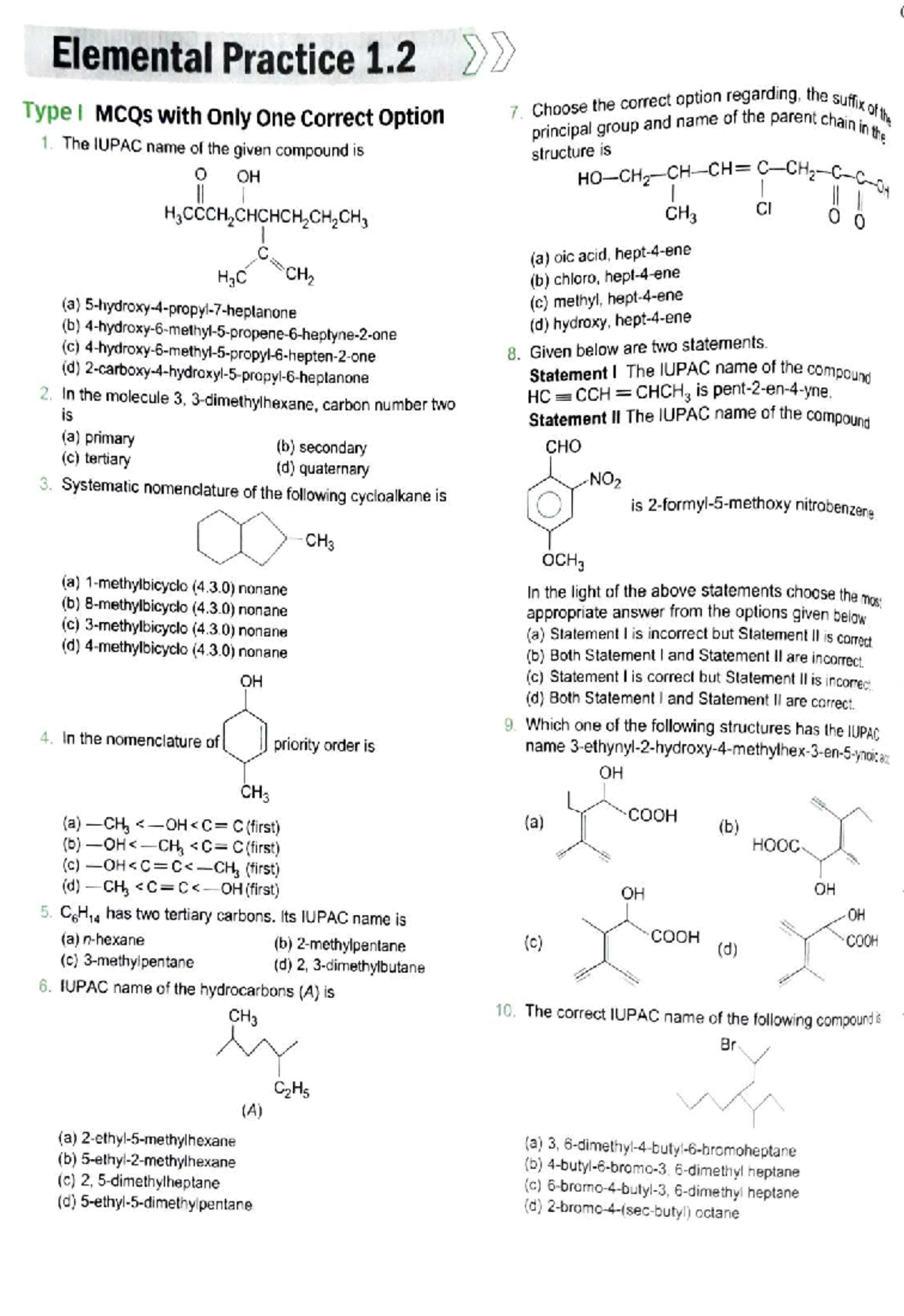 IUPAC Nomenclature Practice MCQs - Type I & II - Studocu