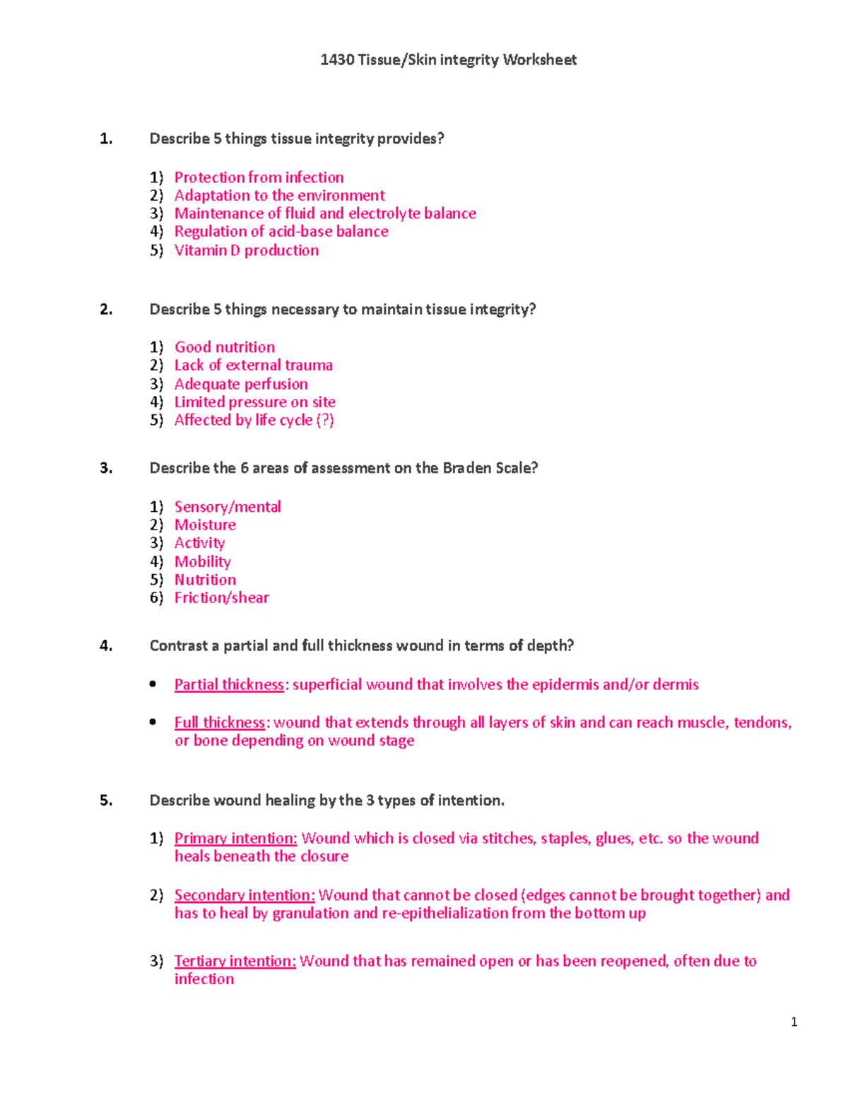 Tissue Integrity Worksheet - 1430 Tissue/Skin integrity Worksheet ...