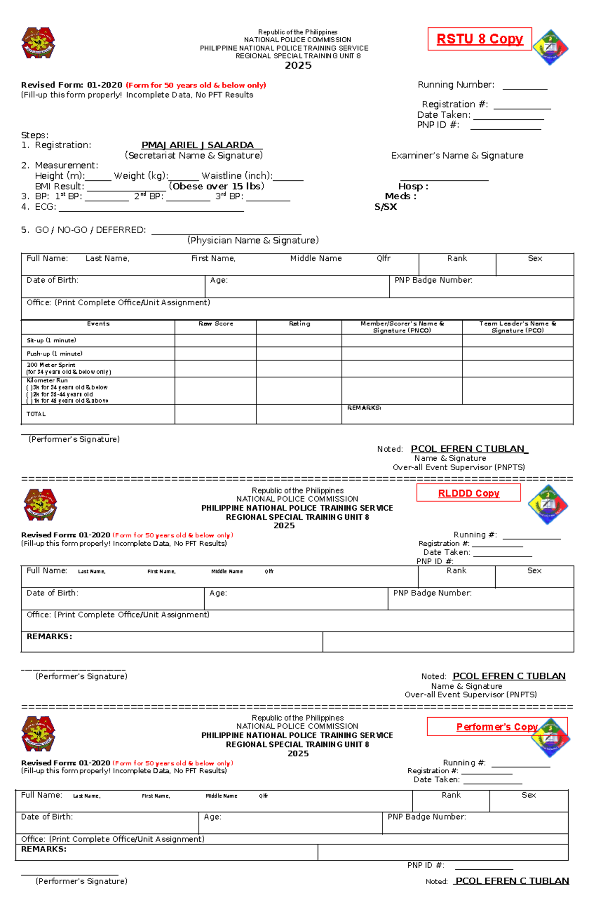 PFT FORM 2025 - Philippine National Police Training (RSTU 8) - Studocu