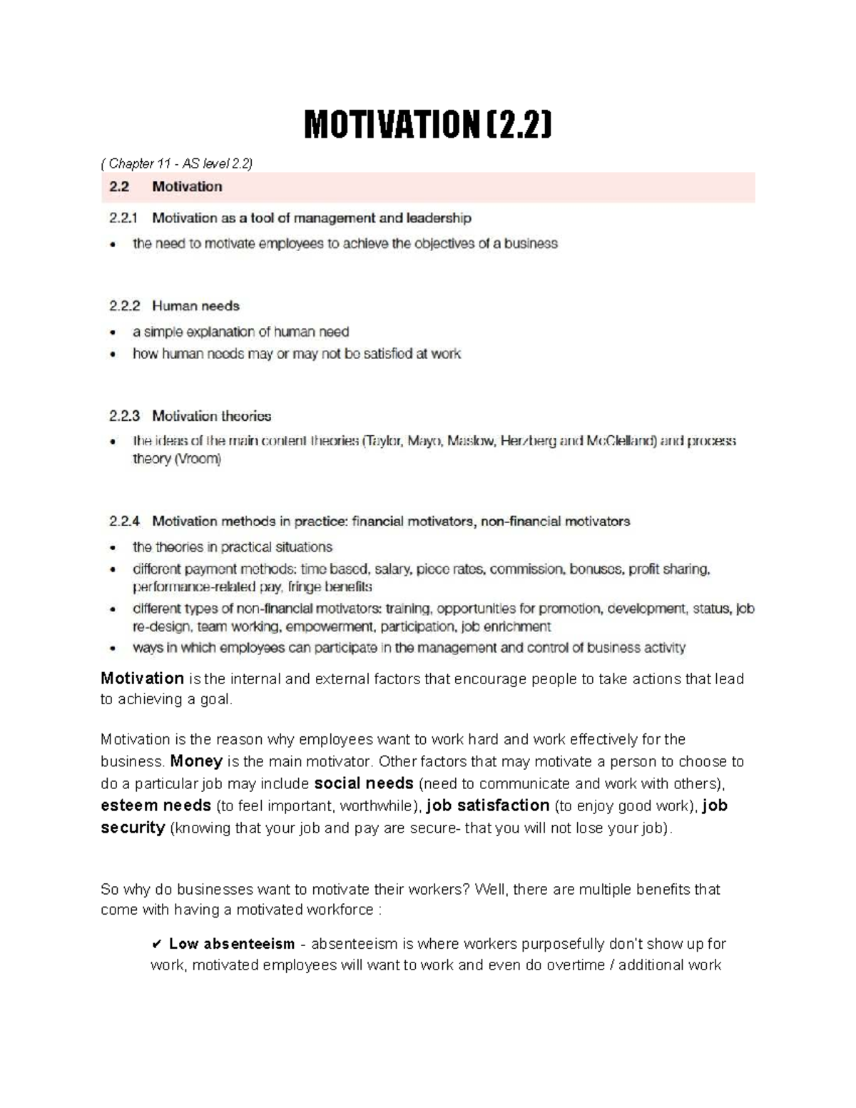 Motivation (2.2) - Chapter 11 AS Level 2.2 Study Notes - Studocu
