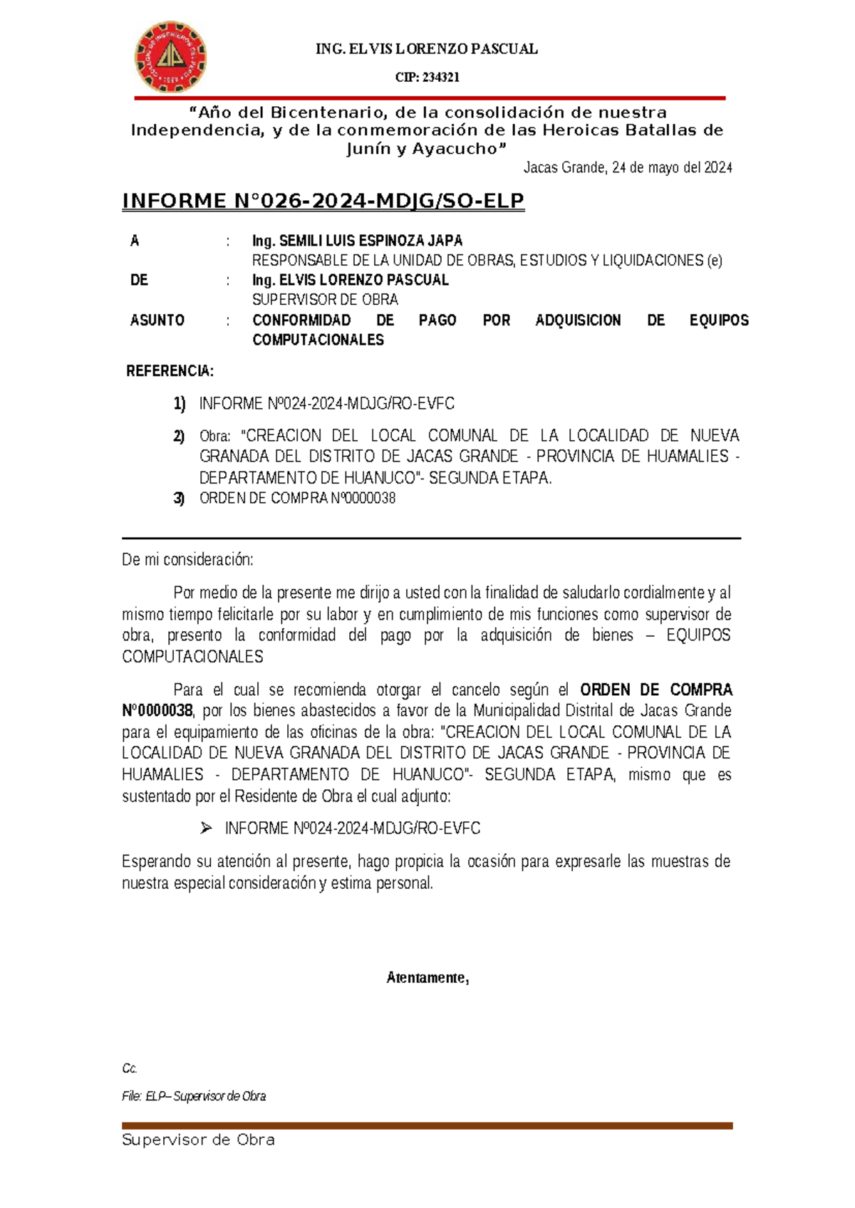 Informe N° 026-2024-AJRC-SO: Conformidad de Pago Equipos ...