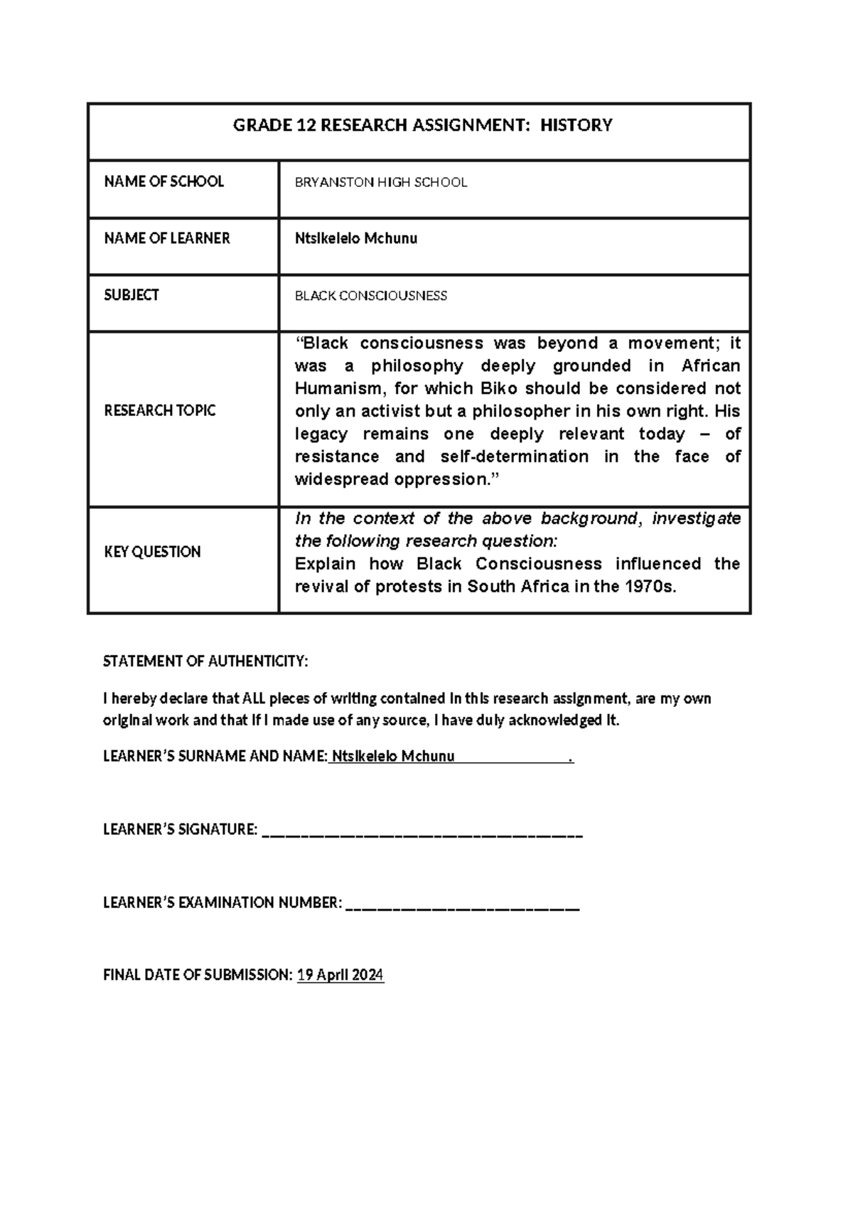 Grade 12 History Project: The Impact of Black Consciousness in the ...