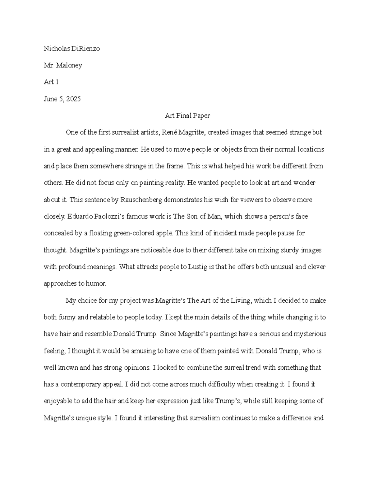 Art 1: Final Paper on Surrealism and René Magritte - Studocu