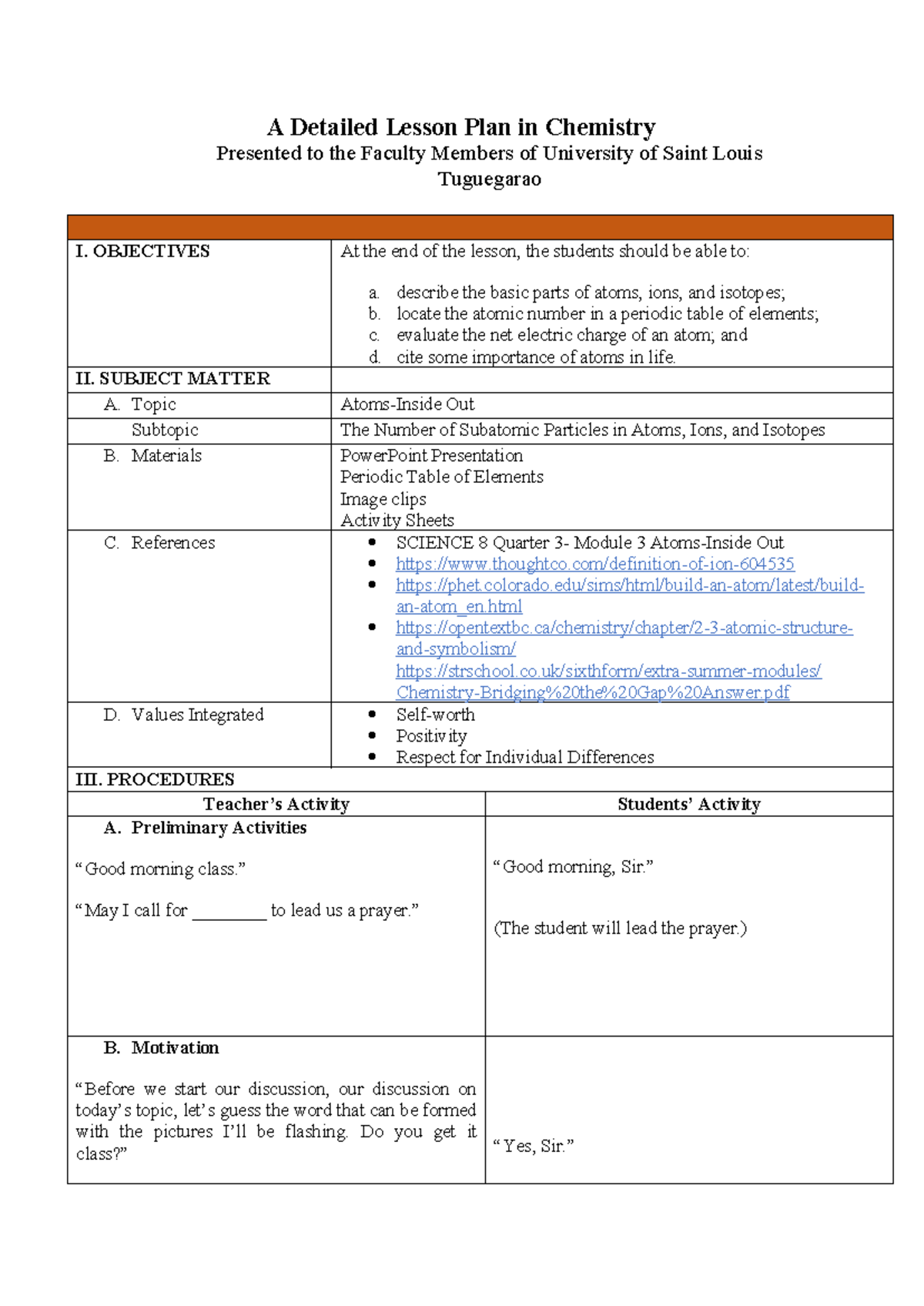 Atoms LP - A Detailed Lesson Plan in Chemistry Presented to the Faculty ...