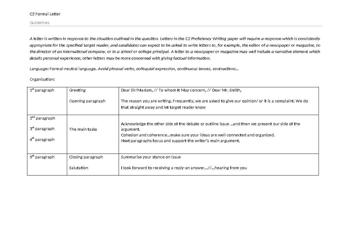 C2 Proficiency Formal Letter Writing Guidelines and Tips - Studocu