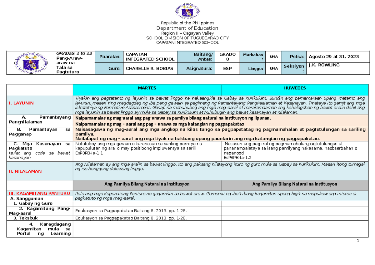 DLL - ESP8 (Week 1) - Lesson Plan for 2nd Quarter Grade 8 ESP - Studocu