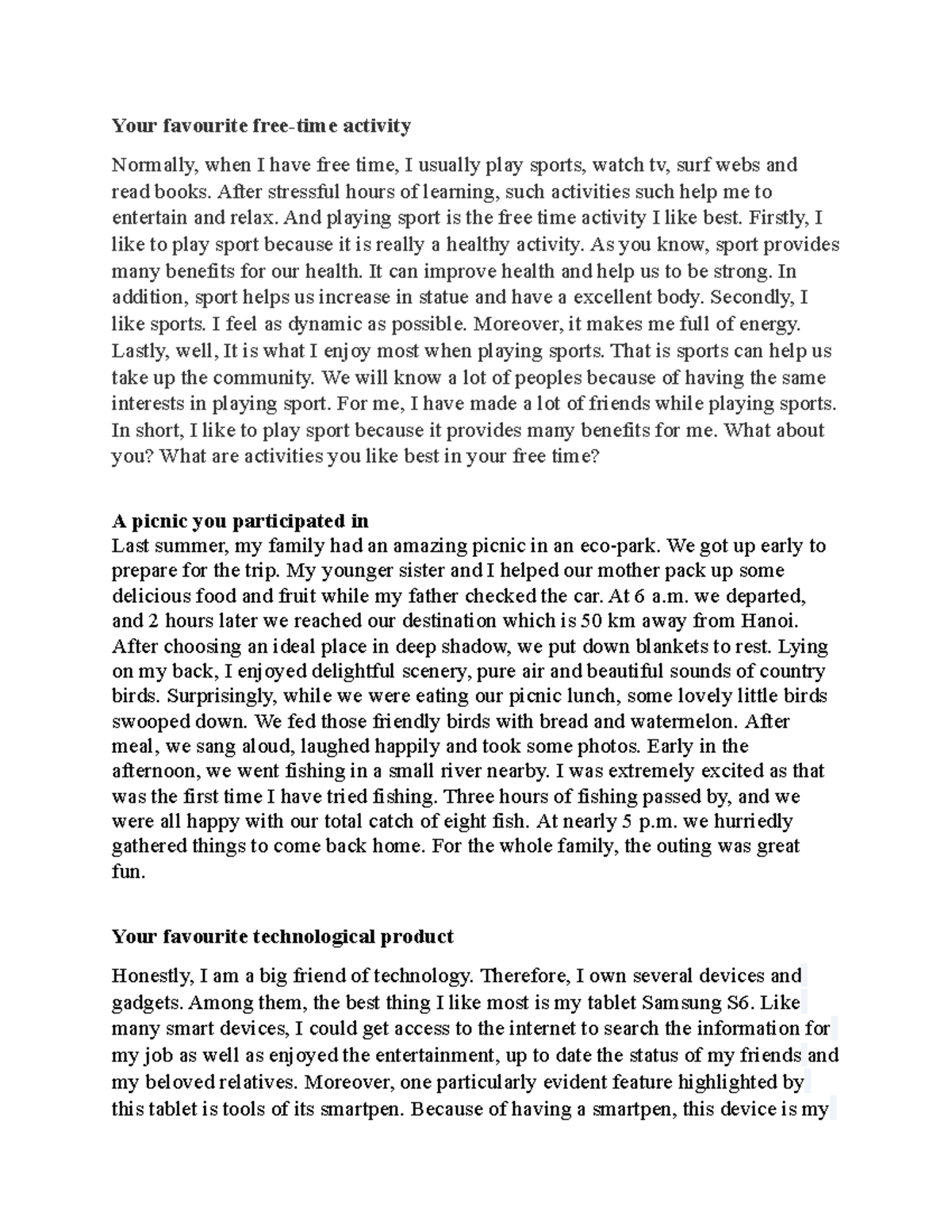Sample Paragraphs II - ..... - Your favourite free-time activity ...