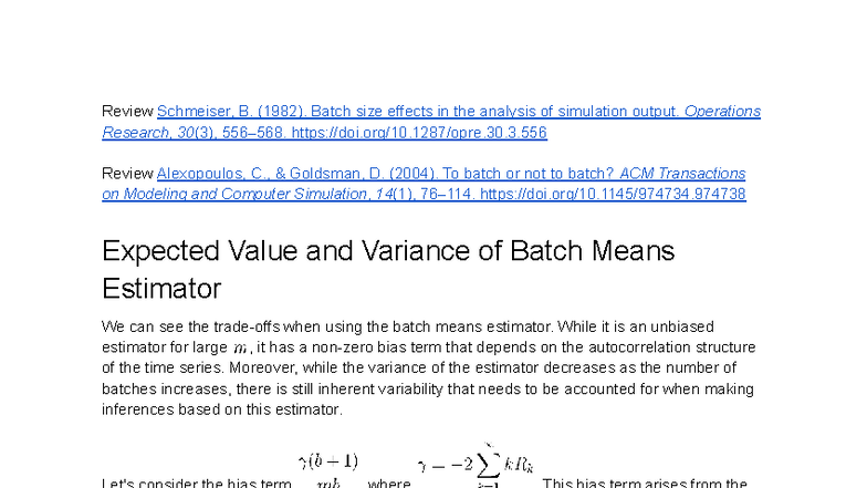 M9L7 Properties of Batch Means Estimator in Time Series Analysis - Studocu