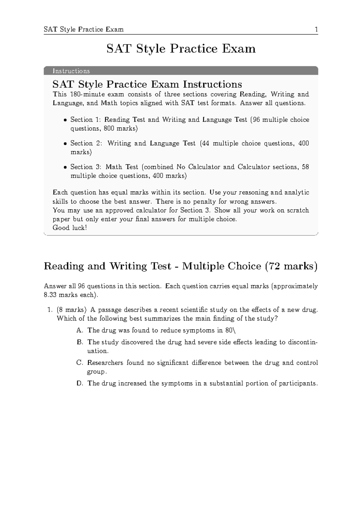 SAT Style Practice Exam 1: Comprehensive Reading, Writing & Math Test ...